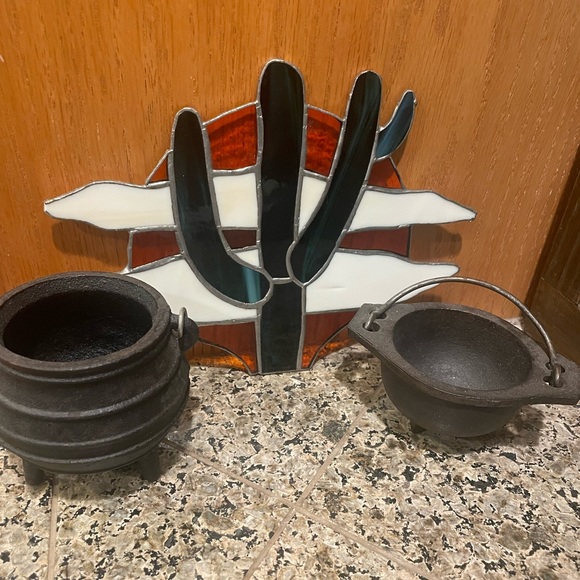 Accents | Stained Glass Cactus With Two Cast Iron Pots | Poshmark